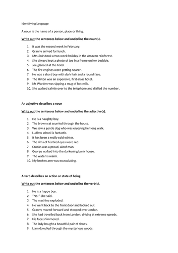 Identifying language: nouns, adjectives, verbs, adjectives and pronouns ...
