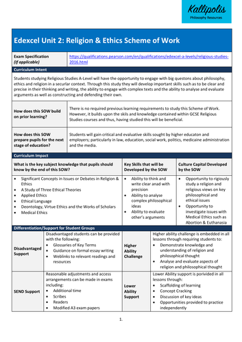 Edexcel KS5 Religious Studies: Unit 2 Religion & Ethics - Scheme of ...