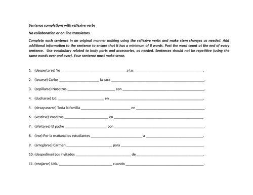 Sentence completions with reflexive verbs | Teaching Resources