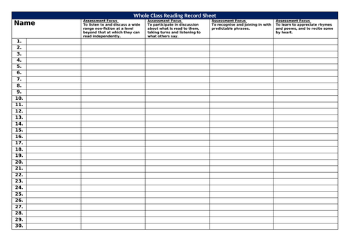 Year 1 Whole Class Reading Record Sheet | Teaching Resources