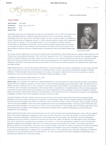 Isaac Watts (1674-1748) Father of English Hymnody | Teaching Resources