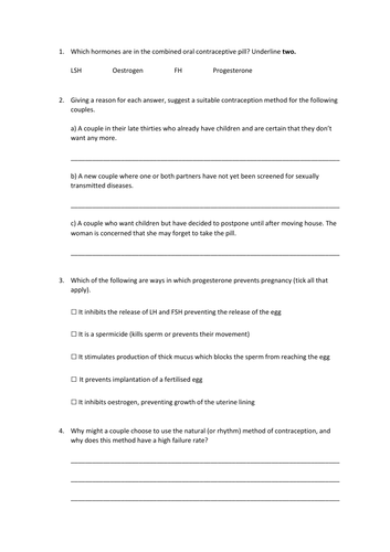 Contraception Supplementary Slides and Worksheet (GCSE Biology AQA ...