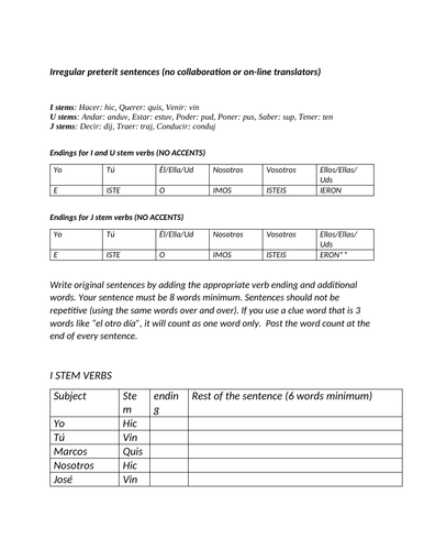 Irregular preterit structured sentences | Teaching Resources