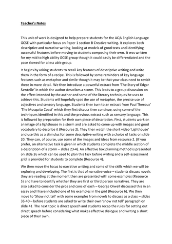 AQA English Language GCSE Paper 1: Creative Writing Unit for Mid to ...
