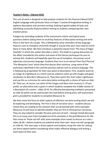 Edexcel English Language GCSE Paper 1: Imaginative Writing Unit ...