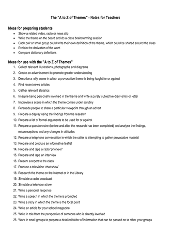 A to Z of Themes - Discussion Questions | Teaching Resources