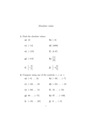 Absolute value worksheet (with solutions) | Teaching Resources