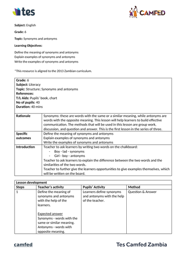 Synonyms and Antonyms (Grade 6, Zambian Curriculum) | Teaching Resources