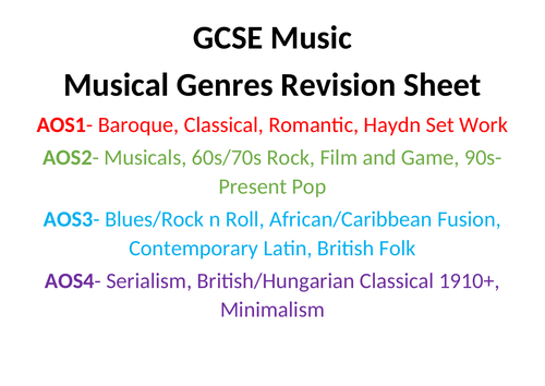 GCSE Music AQA Revision Musical Genres Sheets | Teaching Resources GCSE Music AQA Revision Musical Genres Sheets | Teaching Resources