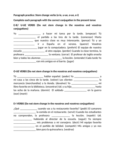 Stem change verbs paragraph present tense | Teaching Resources