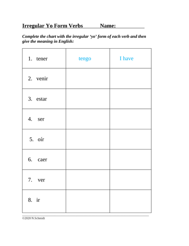Spanish Irregular Yo Form Verbs Quiz or Worksheet | Teaching Resources
