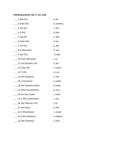 Dar ir ser estar matching practice | Teaching Resources