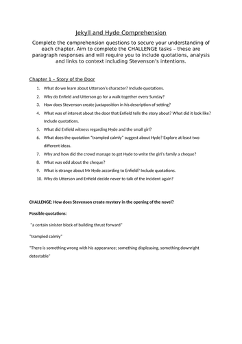 Jekyll and Hyde comprehension - whole text | Teaching Resources