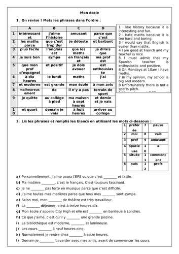 French mon école reading worksheet (subjects, teachers, school routine ...