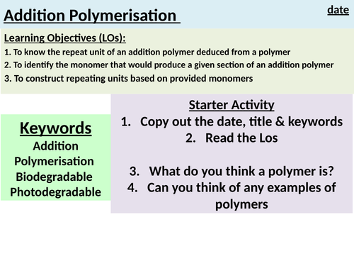AS Chemistry: Addition Polymerisation | Teaching Resources