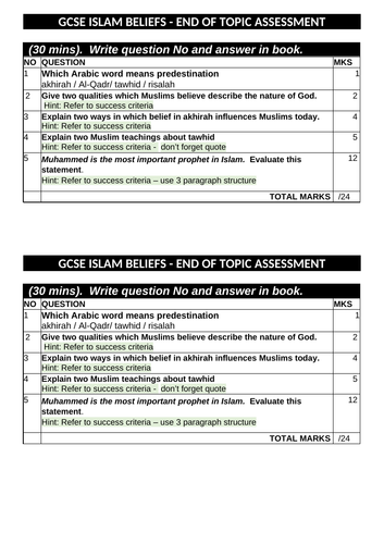 ISLAM BELIEFS ASSESSMENT & MARK SCHEME | Teaching Resources