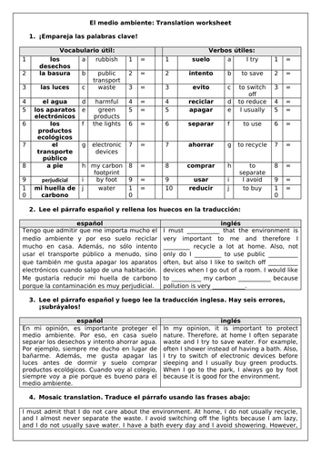 Spanish GCSE El medio ambiente: Environment Topic Translation Worksheet ...