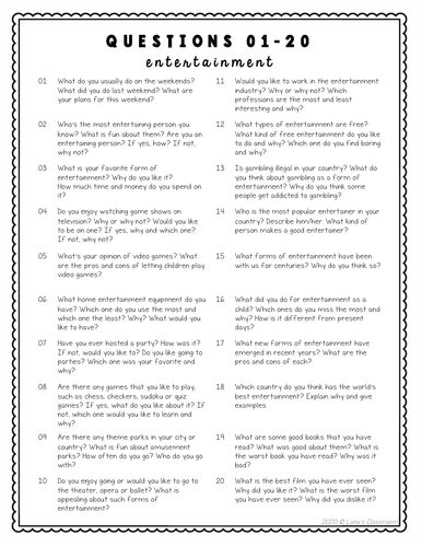 Bell Ringers Questions | Topic: Entertainment | Middle and High School ...