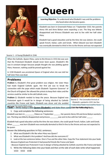 Elizabeth I Worksheet & Tasks KS3 | Teaching Resources