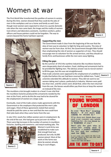 Women at War - WW1 Resource Worksheet First World War | Teaching Resources