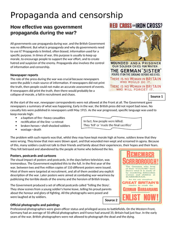 Propaganda and Censorship WW1 - First World War Worksheet | Teaching ...