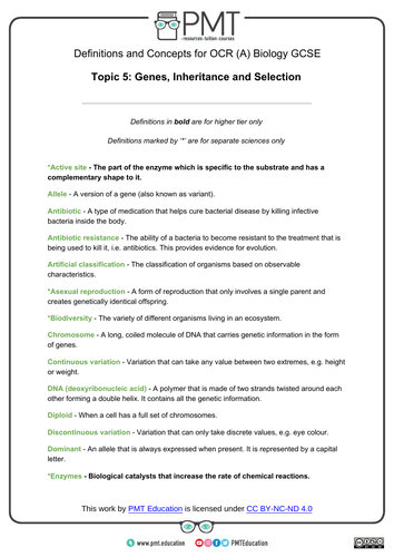 OCR (A) GCSE Biology Definitions | Teaching Resources