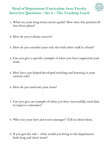 Head of Department - Curriculum Area Interview Questions – Set 2 | Teaching Resources