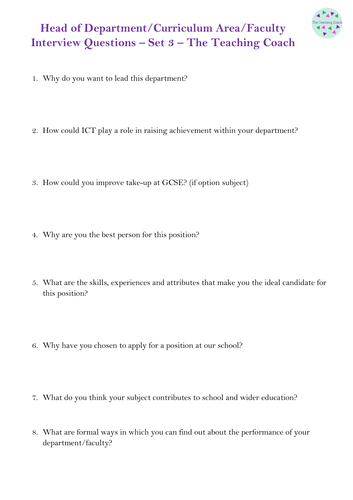 Head of Department/Curriculum Area/Faculty Interview Questions – Set 3 ...