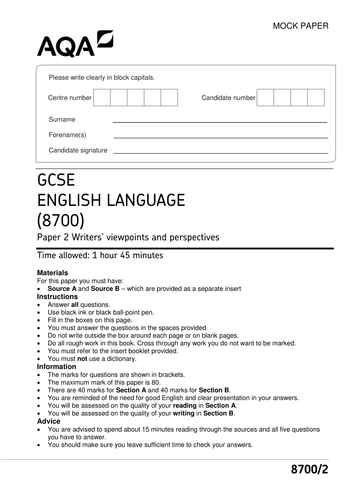 AQA Language Complete Paper 2 - October 2016 | Teaching Resources