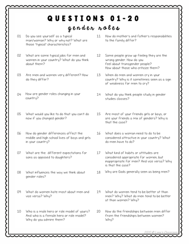 Conversation Starter Cards | Gender Roles | Social Skills for Middle ... Conversation Starter Cards | Gender Roles | Social Skills for Middle ...