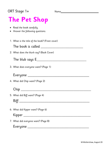 ORT Stage 1+ Reading Comprehension The Pet Shop | Teaching Resources