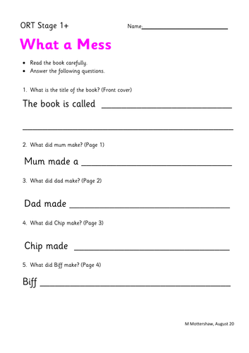 ORT Stage 1+ Reading Comprehension What a Mess | Teaching Resources
