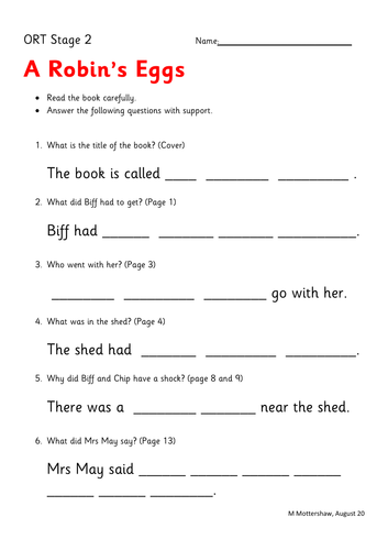ORT Stage 2 Reading Comprehension A Robin's Eggs | Teaching Resources