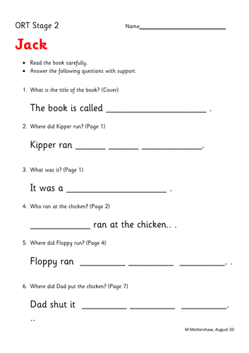 ORT Stage 2 Reading Comprehension Jack | Teaching Resources