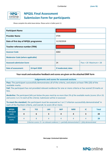 NPQSL Final Submission and Feedback 2020 | Teaching Resources