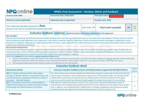 NPQSL Final Submission and Feedback 2020 | Teaching Resources