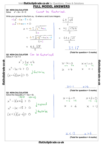 Solving Quadratics -EdExcel 1MA1 Questions | Teaching Resources