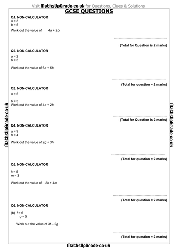 Substitution - GCSE Maths Past Questions | Teaching Resources