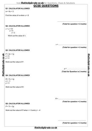 Substitution - GCSE Maths Past Questions | Teaching Resources