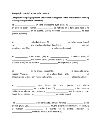 I-Y preterit paragraph | Teaching Resources