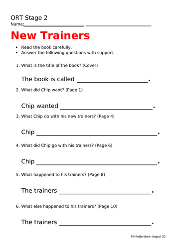 ORT Stage 2 Reading Comprehension New Trainers | Teaching Resources