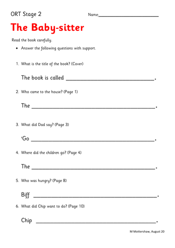 ORT Stage 2 Reading Comprehension The Baby-sitter | Teaching Resources