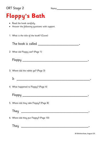 ORT Stage 2 Reading Comprehension Floppy's Bath | Teaching Resources