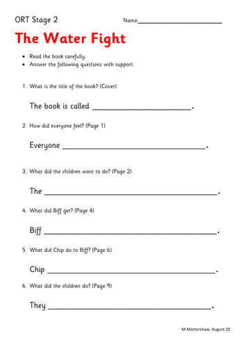 ORT Stage 2 Reading Comprehension The Water Fight | Teaching Resources