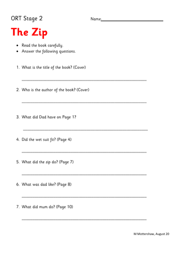 ORT Stage 2 Reading Comprehension The Zip | Teaching Resources