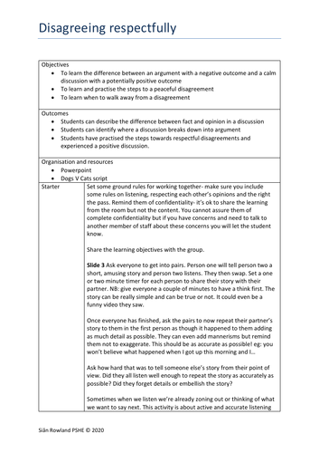 Managing Conflict and Disagreeing Respectfully, PSHE lesson plan KS3 ...