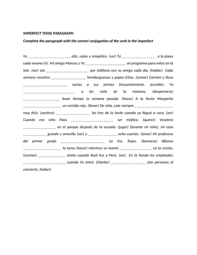 Imperfect paragraph | Teaching Resources