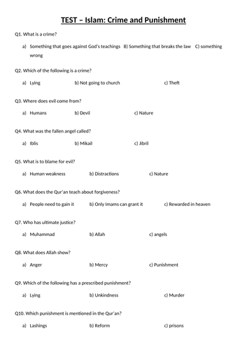 Islam Crime and Punishment Test | Teaching Resources