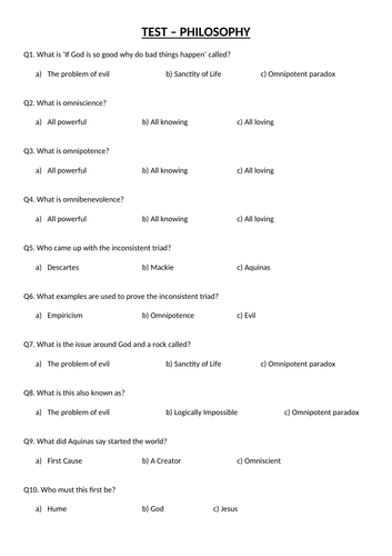 Philosophy Test for KS3 | Teaching Resources