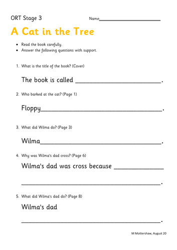 ORT Stage 3 Reading Comprehension A Cat in a Tree | Teaching Resources